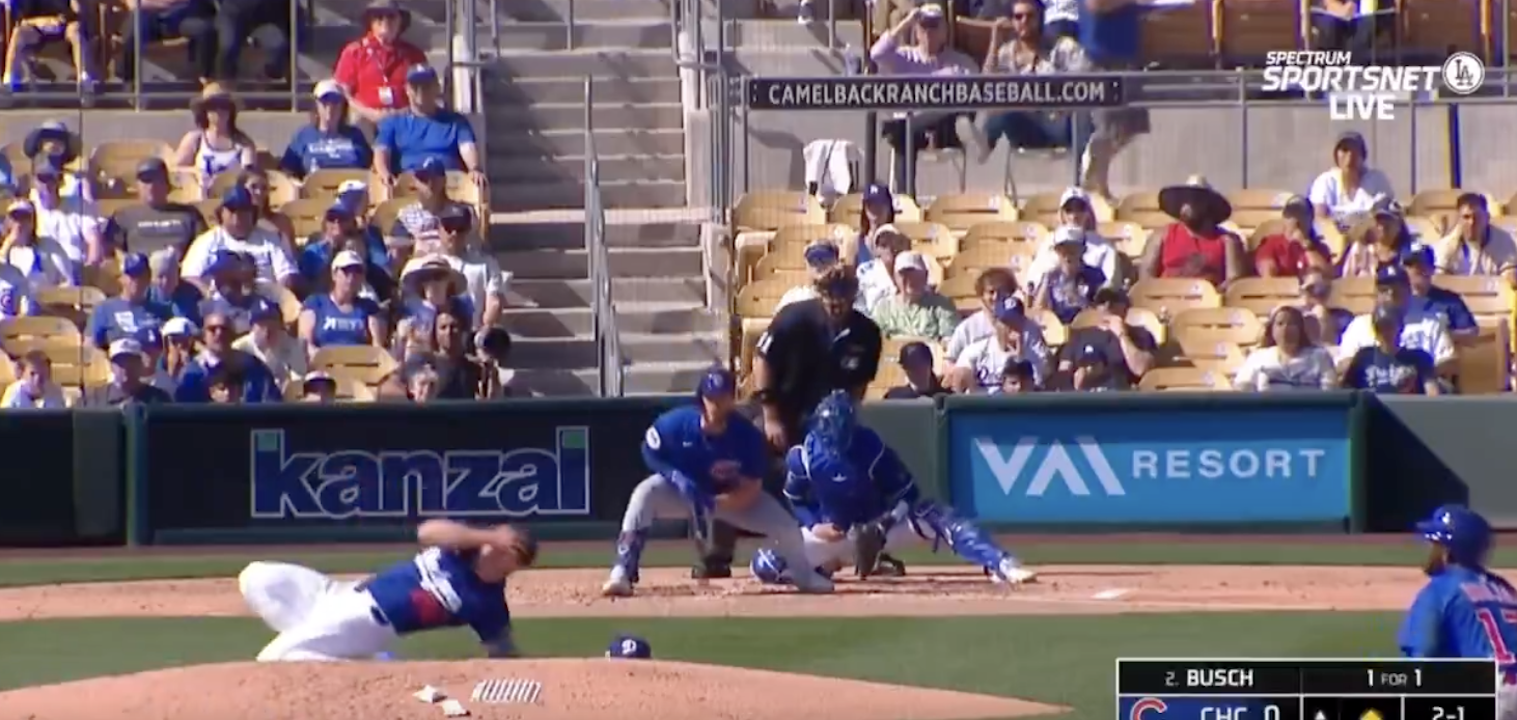 Michael Busch's 106mph Line Drive Hits Dodgers Pitcher on the Head